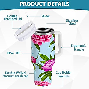 RPLIFE Pink Peonies Light Blue Stainless Steel Coffee Mug, Insulated Tumbler, Tumbler for Men