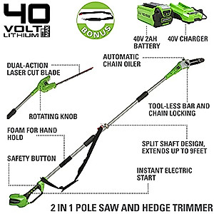 Greenworks 40V 8-inch Cordless Pole Saw with Hedge Trimmer Attachment 2.0Ah Battery and Charger Included, PSPH40B210