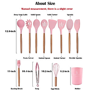 BRIIEC 11pcs Black Silicone Cooking Utensil Set with Holder Storage Bucket, Nonstick Wooden Handle Silicone Kitchen Gadgets Utensils Set Spatula Sets