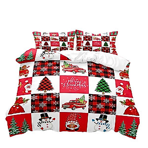 LUVIVIHOME 3PCS Christmas Duvet Cover King Bedding Set, Santa Claus Snowman Gnome Snowflake Christmas Tree Holiday New Year Xmas Checkered White Red Buffalo Plaid Comforter Quilt Cover, 2 Pillow Cases