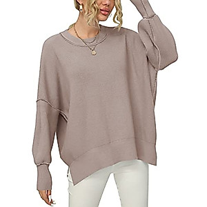 ANRABESS Women's Long Sleeve Oversized Crew Neck Solid Color Side Slit Knit Pullover Sweater A305hongxing-XS