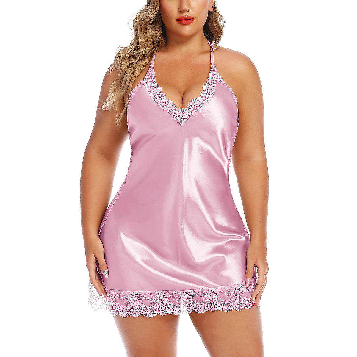 Avidlove Plus Size Lingerie for Women Satin Lace Chemise 2 Piece Nightgown Bodysuit (Pink, XL)