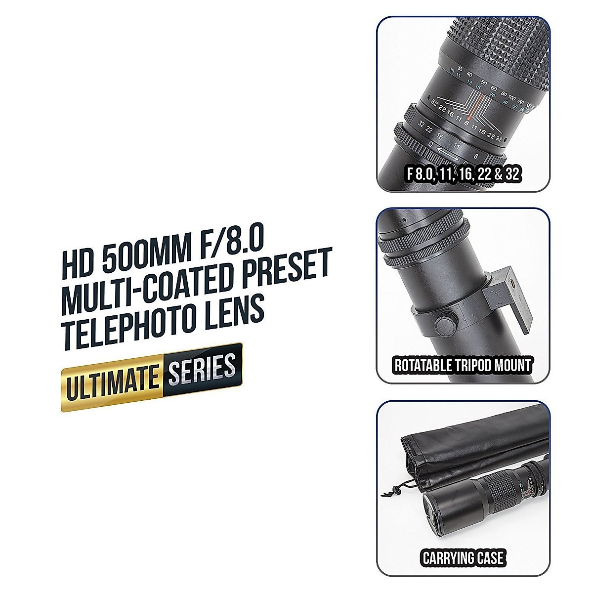 Ultimaxx 500mm f/8 Multi-Coated Telephoto Lens Kit for Canon EOS 80D,77D,70D,60D,60Da,50D,7D,7D II,6D,6D II,5D Mark II,III,IV,5DS,1DS,T7i,T7s,T7,T6s,T6i,T6,T5i,T5,T4i,SL2 & SL1 Digital SLR Cameras