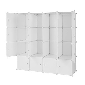 Maximize Home Organization with Stackable Modular Shelving Closet Organizer Plastic Storage Cubes with Hanging Rod and Wardrobe Cabinet - White Doors