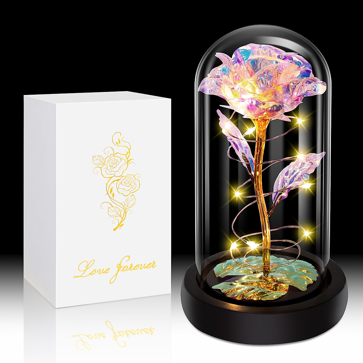 Childom Birthday Gifts for Women,Mothers Day Rose Gifts for Mom,Womens Glass Rose Gifts,Light Up Rose Flowers in Glass Dome,Colorful Rainbow Flower Rose Mom Gifts for Her,Wife,Mom,Girls,Anniversary