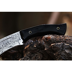 12.5 Inch long Hunting knife, Collectible knife, Natural Camel bone scale embellished with engraved brass finger guard, foil work spacer and pommel, Hand forged Twist pattern Damascus steel blade, Comes with Leather sheath