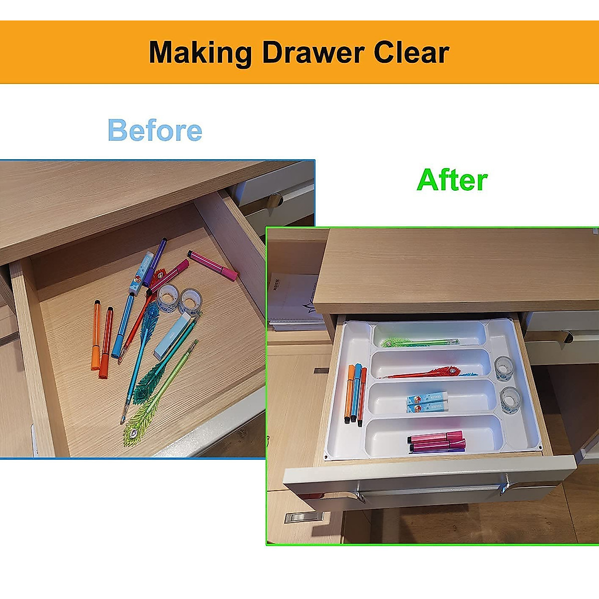 TUNGTAR Custom silverware drawer tray16'' expandable utensil holder tray for drawer utensil organizer kitchen Flatware Storage Drawer Dividers Holder 6in1 (White, Large),10.25 * 15.5'' 6IN1