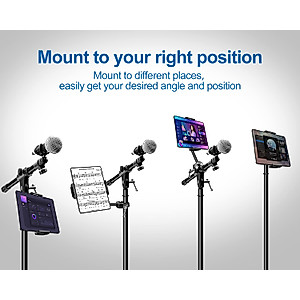 elitehood Newest Aluminum iPad Holder for Mic Stand, Side Mount iPad Music Stand Holder for Microphone, 360° Swivel Tilt Adjustable Mic Stand Tablet Holder for iPad, iPhone and More 4-13in Tablet