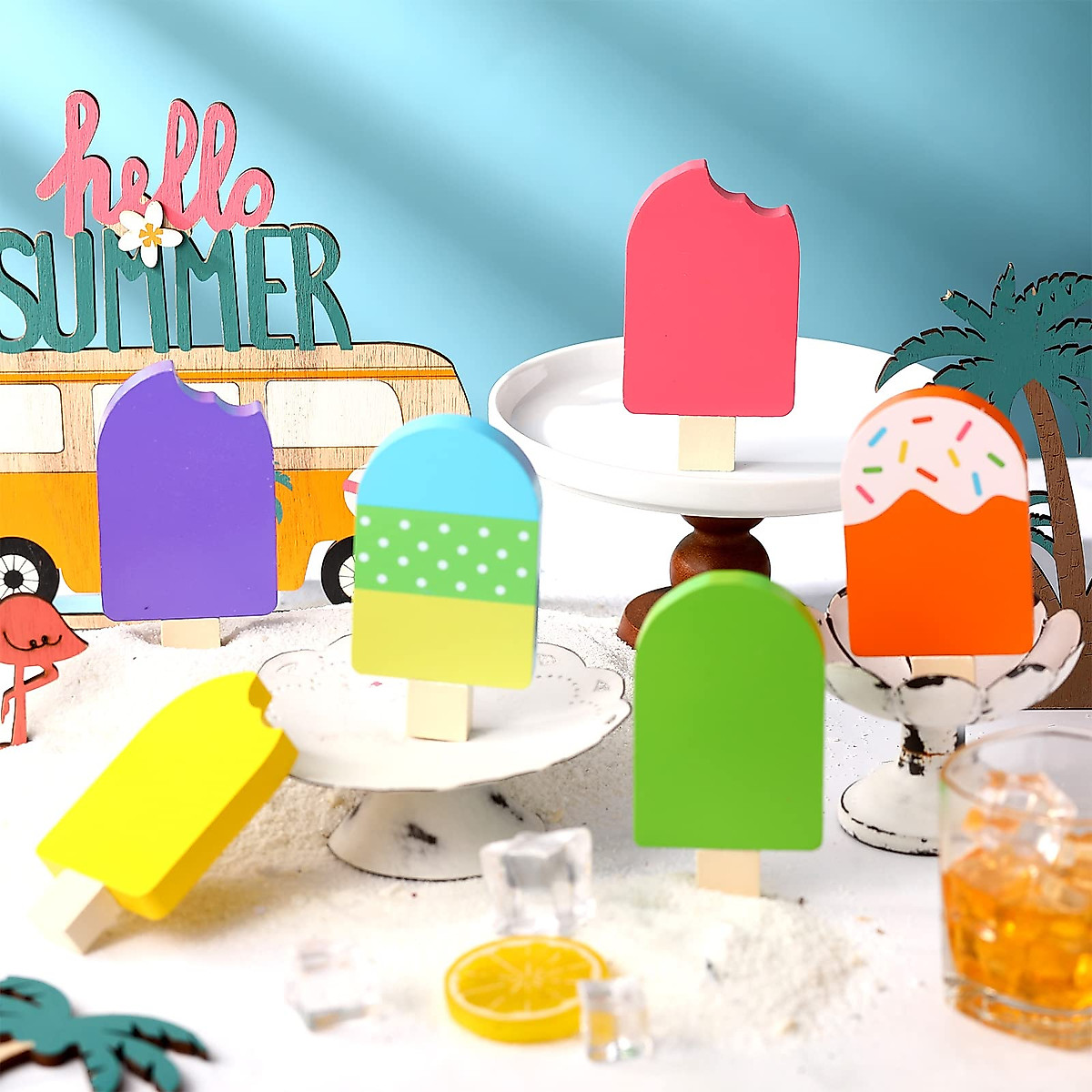 6 Pcs Summer Tiered Tray Decor Hawaii Ice Cream Tiered Tray Decor Summer Wooden Table Decorations Ice Cream Tray Decor Summer Table Signs for Kitchen Home Summer Party Home Supplies