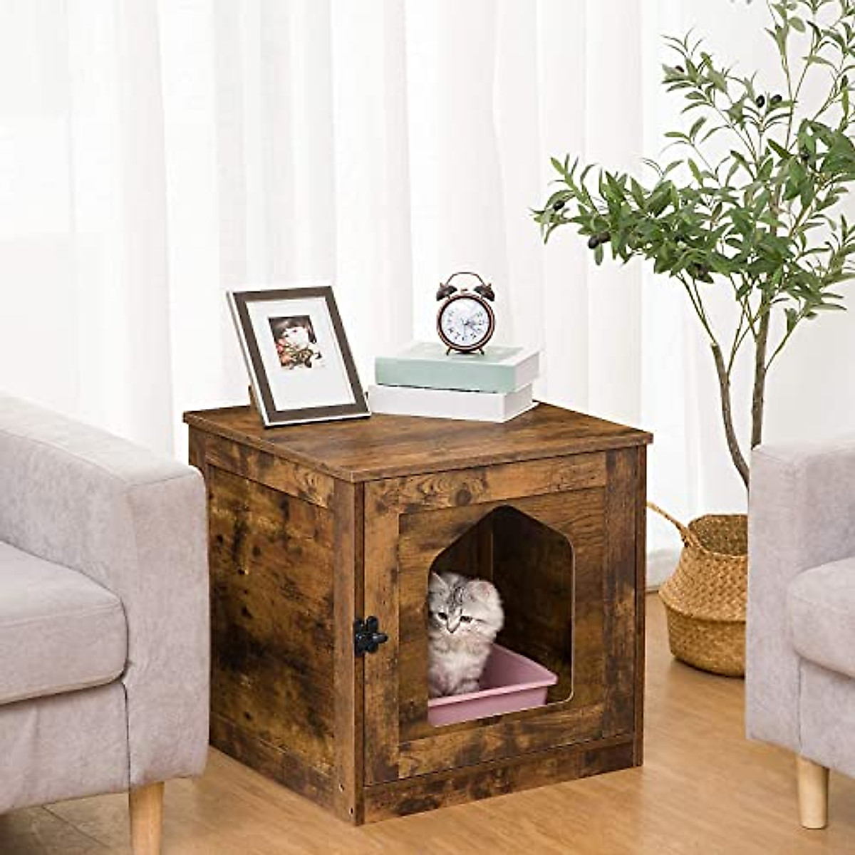 HOOBRO Cat Litter Box Enclosure, Hidden Litter Box Furniture, Enclosed Cat House Side Table, Cat Washroom with Door, Enlarged Cat Litter Cabinet for Fat Orange Cat, Nightstand, Rustic Brown BF01MW01