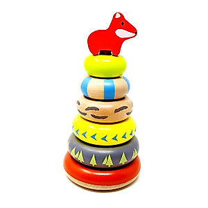 Orcamor Organic Wooden Stacking Toy with Fox Topper - Montessori Wooden Stacking Toys - Woodland Nursery Decor for Infant and Toddler 1 Year Old and Up - Real Beech Wood, Not MDF - 8 Inches Tall