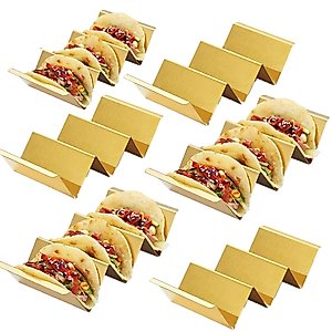 Gold Taco Holder Stand with Handles for Party, Set of 6 Stainless Steel Taco Tray, Rack Holds Up to 3 Tacos Each Stackable storage, Dishwasher Oven safe