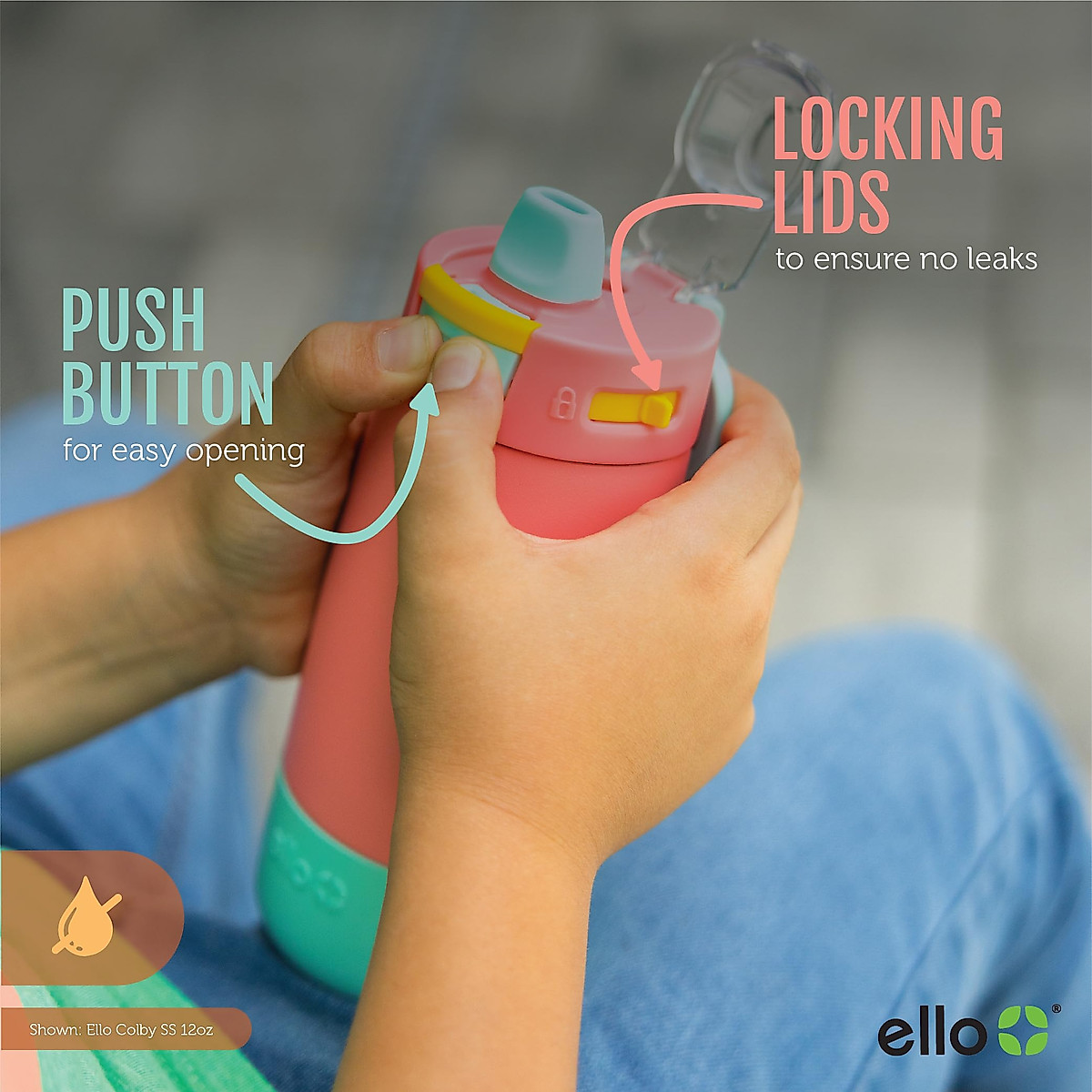 Ello Kids Colby 12oz Stainless Steel Insulated Water Bottle with Straw and Built-In Silicone Coaster Carrying Handle and Leak-Proof Locking Lid for School Backpack, Lunchbox, and Outdoor Sports, Teal