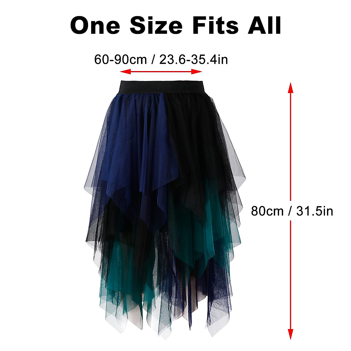 Women's Tulle Skirt A-Line High Low Asymmetrical 3 Layered Midi Length Elastic Waist Tutu Skirts (Black Green)