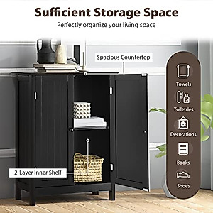 Tangkula Bathroom Floor Cabinet, Freestanding Storage Cabinet with Double Doors and Shelf, Modern Home Furniture, Wooden Home Organizer for Living Room, Bathroom Storage Cabinet (Black)
