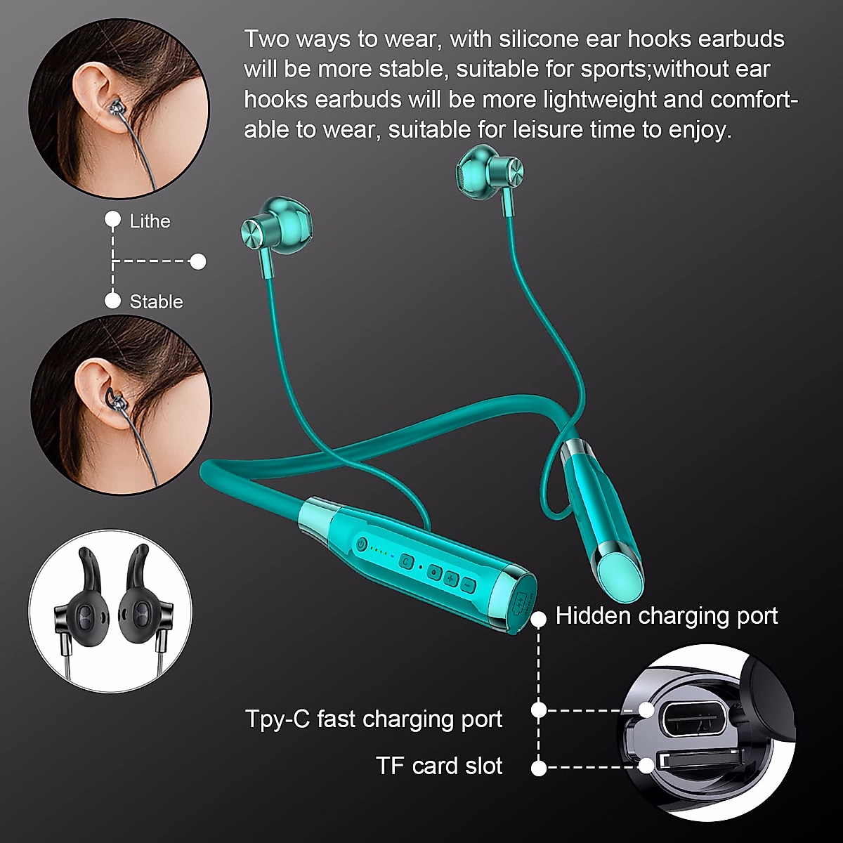 Bluetooth Headphones Neckband with 100 Hours Playtime Support 64G TF Card Wireless Neck Headphones Built-in Noise Cancelling Mic Earbud Neckband IPX5 Waterproof Two Ways in-Ear Earphones (Green)