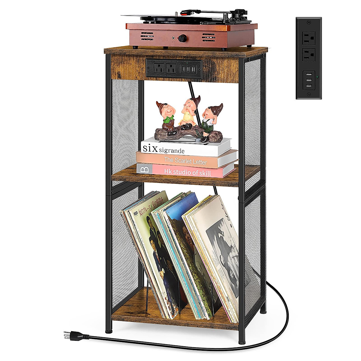 ETELI Record Player Stand with Album Storage Vinyl Record Storage Table with Power Outlet 3 Tier Turntable Stand Industrial Side Table for Living Room Bedroom Office, Brown