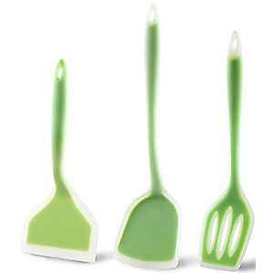 3 Pieces Silicone Spatula Turner Set - Nonstick Pancake Egg Flipper Heat Resistant 480℉- Kitchen Wok Turner, Large Wide Fish Spatula & Slotted Spatula, Cooking Utensils for Burger Omelets, Green