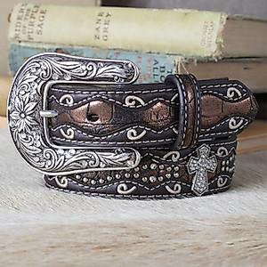 ARIAT Girls Belt with Rhinestone Cross Conchos, Faux Crocodile Leather, Brown, Size 26