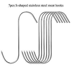 SATONBEYI 7pcs Meat Hooks for Smoker, 7 Inches Stainless Steel Smoking Hook S Shaped Butcher Meat Processing Hook for Smoker Butchering Drying Hanging Sausage Beef Pork Rib Jerky Grilling BBQ