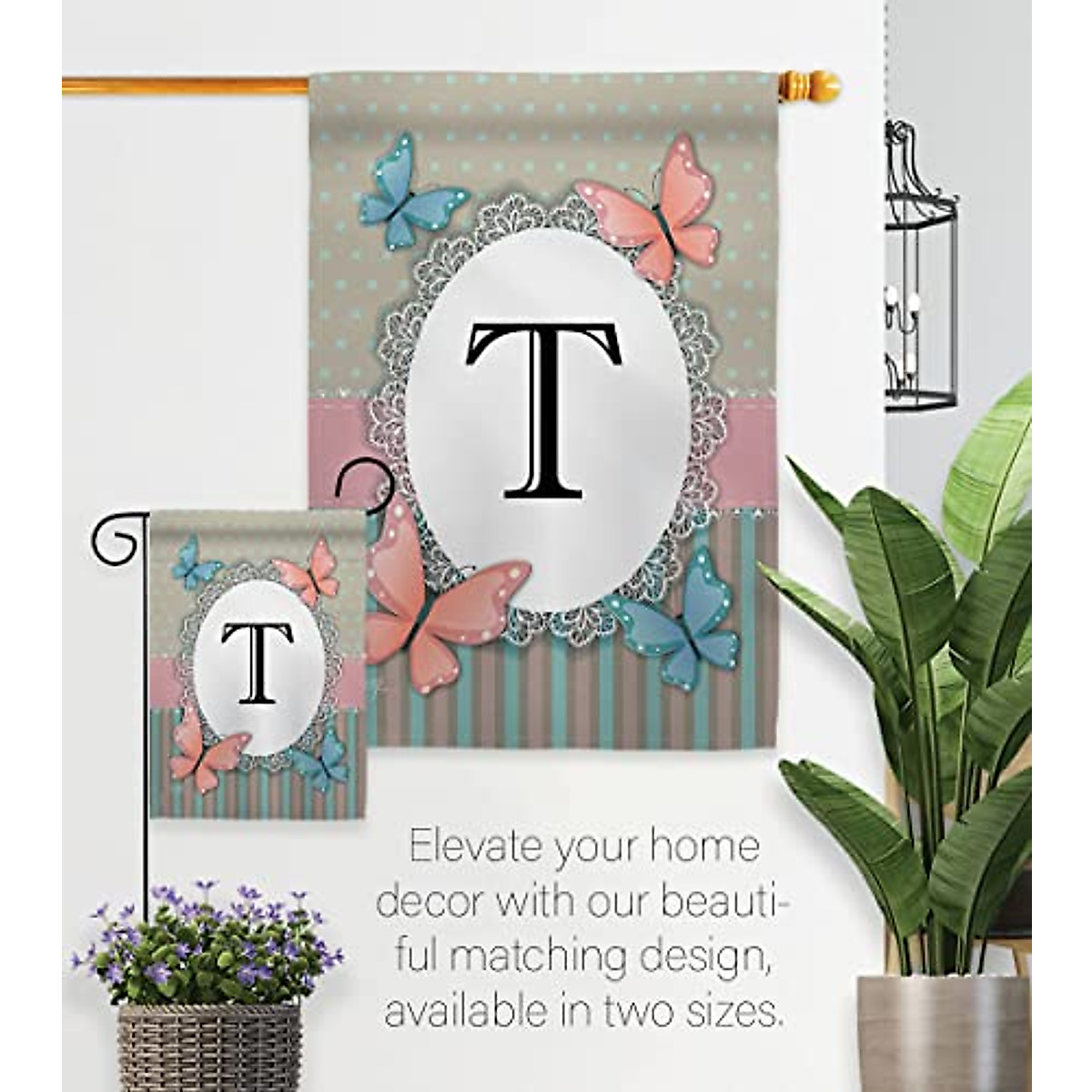 Breeze Decor T Initial Garden Flag Set Wall Hanger Monogram Friends Bugs & Frogs Butterfly Ladybugs Dragonfly Bee Springtime Insect Natural Wildlife House Yard Gift Double-Sided, Made in USA