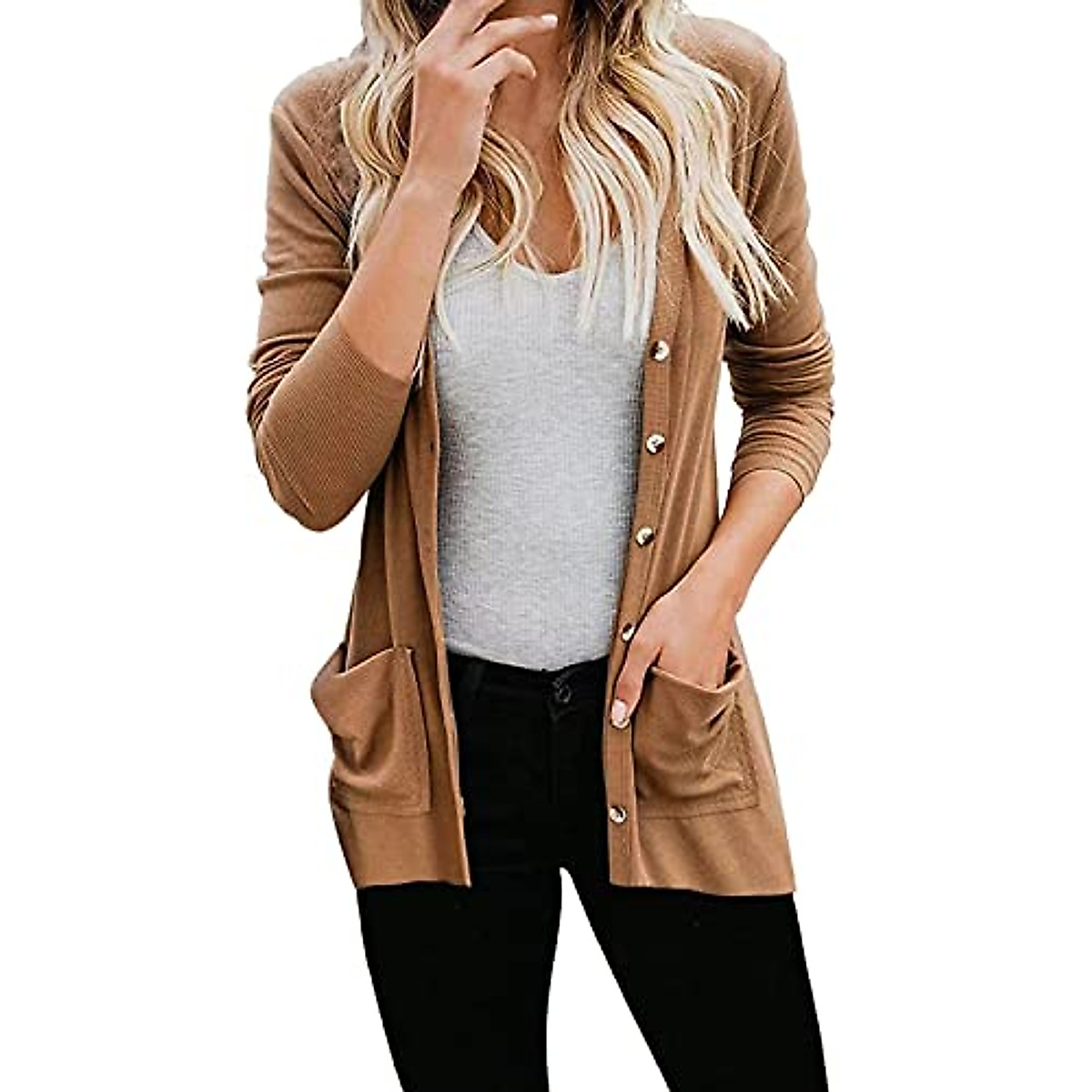 Long and Long Sleeve Cardigan for Women Fall Open Front Button Cardigan with Pockets Casual Knit Cardigan