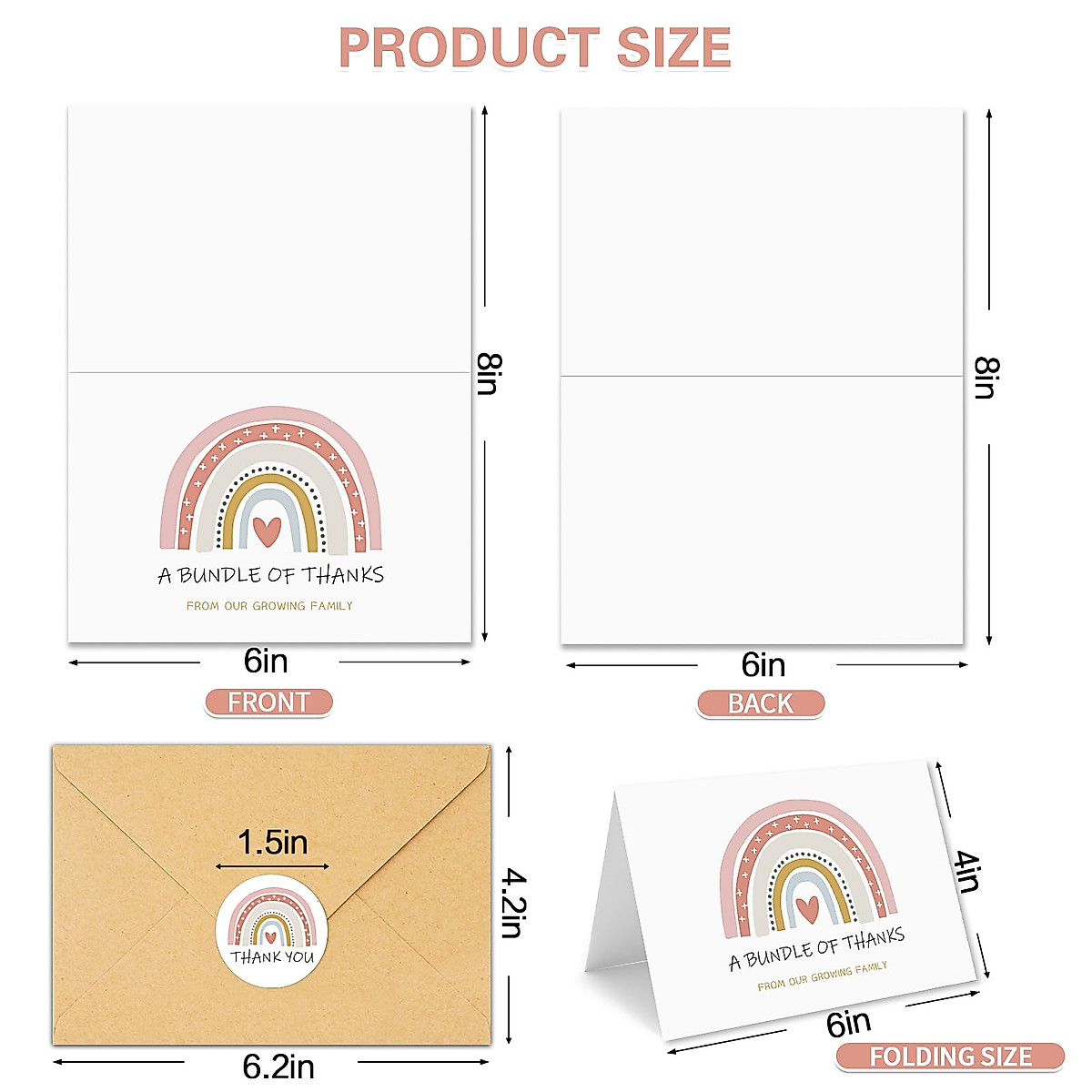 HiABNRT 50 Pack Baby Shower Thank You Cards with Envelopes (4"x6"), Boho Rainbow Watercolor Thank You Cards for Baby Shower Birthday Supplies, Baby Shower Thank You Cards for Baby Girl Baby Boy