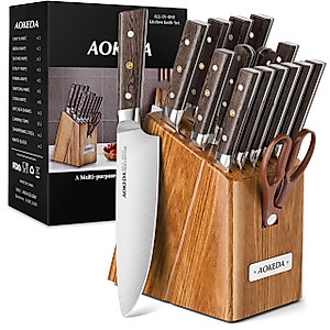 AOKEDA 16-Piece Kitchen Knife Set with Block, with Kitchen Shears and Sharpener, High Carbon German Steel(Natural Wenge)