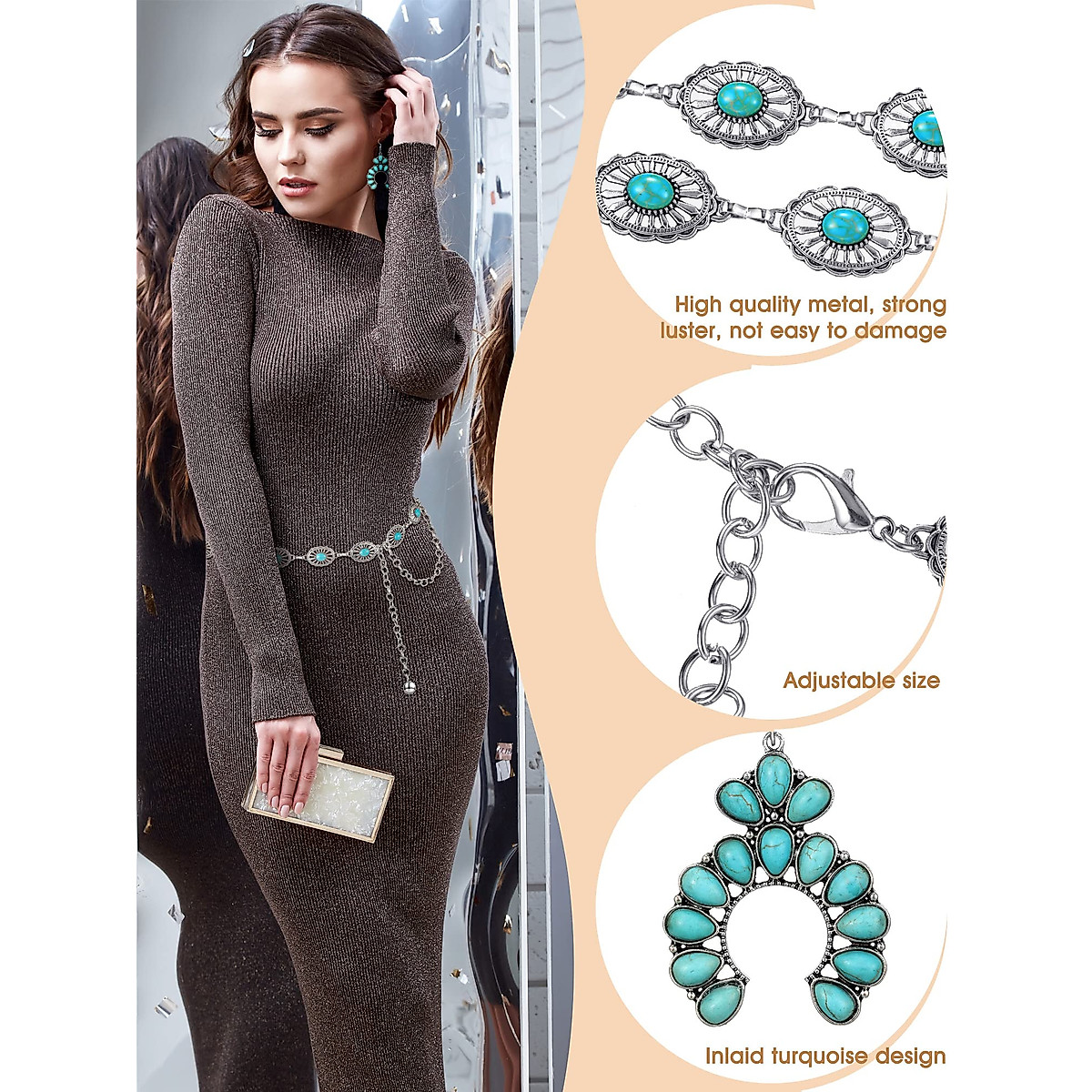 Glenmal Western Concho Chain Belt Turquoise Earrings Set Western Waist Belts Bohemian Turquoise Earrings for Women Men(Noble Style)
