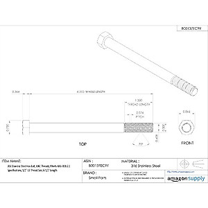 Small Parts 316 Stainless Steel Hex Bolt, Plain Finish, Hex Head, External Hex Drive, Meets ASME B18.2.1, 4" Length, Partially Threaded, 1/2"-13 UNC Threads