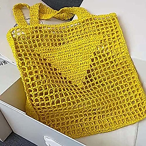 Womens Handmade Straw Bag,Travel Beach Tote Fishing mesh Bag,Straw Woven Bag Female Pastoral Style Weaving Hollow Shoulder Bag Handbag Portable Beach Bag (Khaki,With Lining Bag)