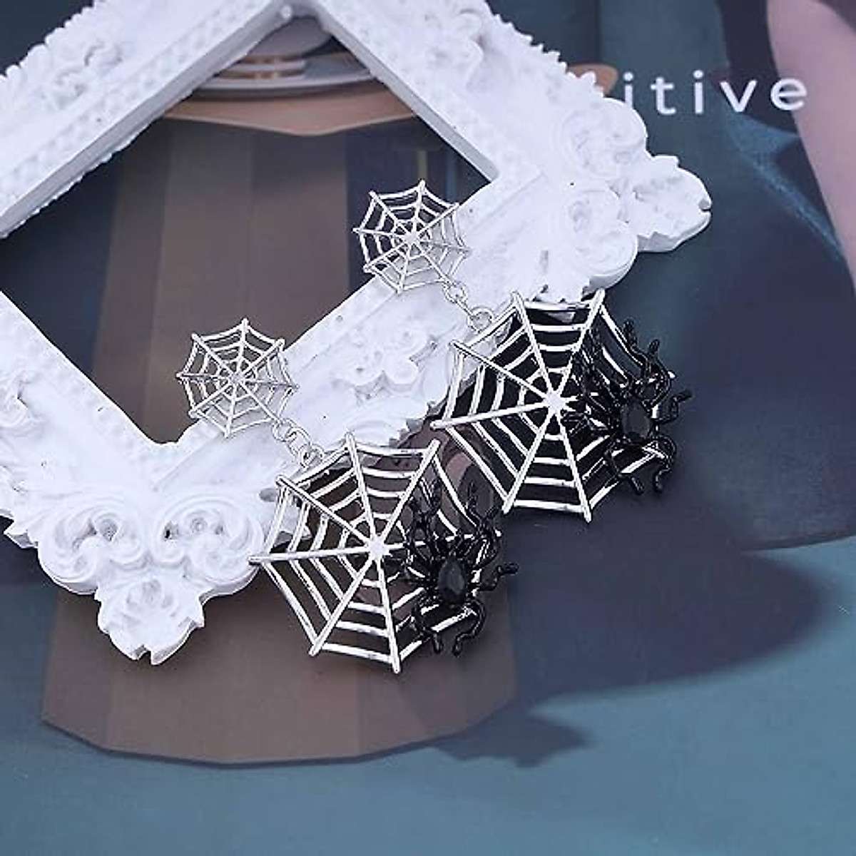 Sttiafay Gothic Spider Web Drop Earrings Black Spider Dangle Earrings Silver Spiderweb Earrings Onyx Spider Earrings Exaggerated Halloween Earrings Jewelry for Women and Girls