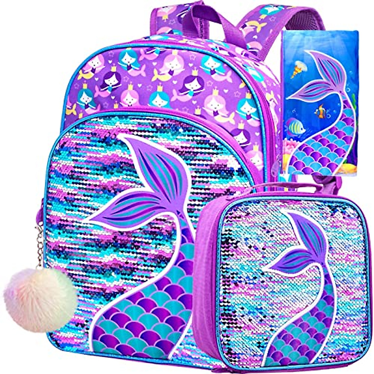 AGSDON 3PCS Kids Backpacks for Girls, 16" Little Kid Mermaid Sequin Preschool School Bookbag and Lunch Box