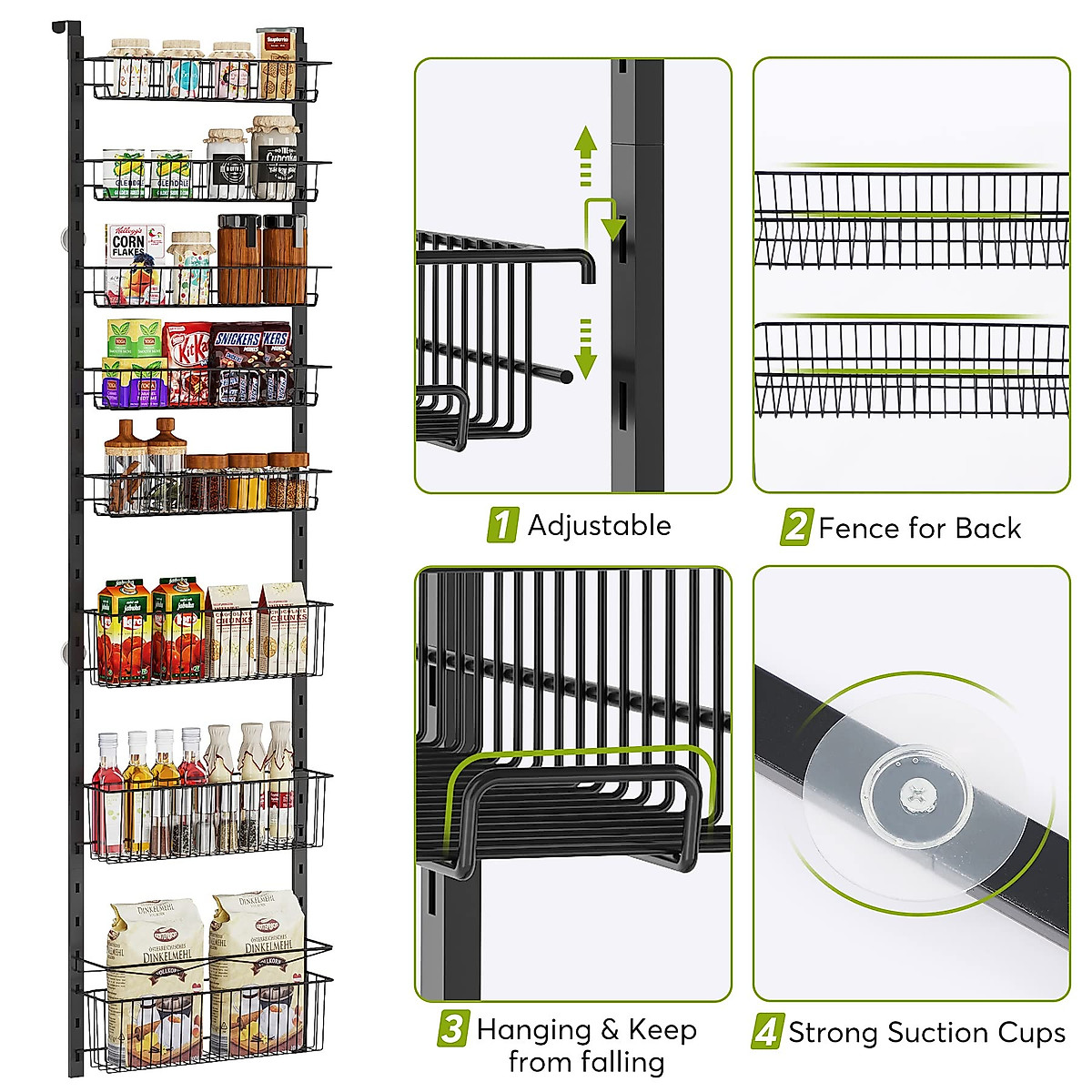 1Easylife Over the Door Pantry Organizer, 8-Tier Adjustable Baskets Pantry Organization and Storage, Metal Door Shelf with Detachable Frame, Space Saving Hanging Spice Rack for Kitchen Pantry Bathroom