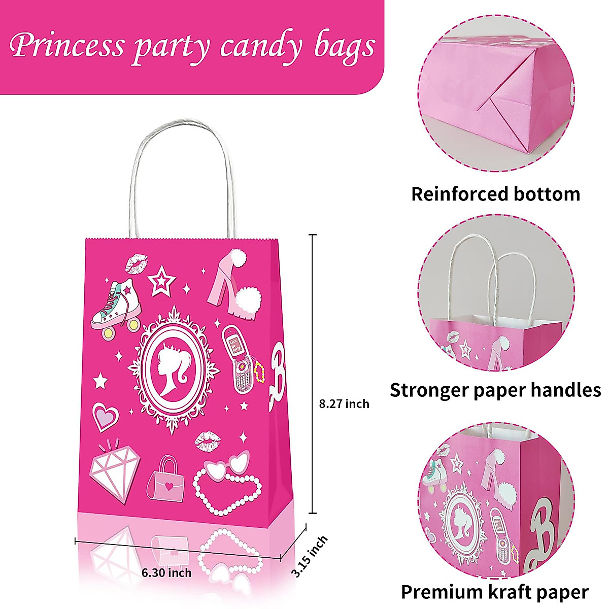Aoerfes 12 Pieces Pink Girl Party Bags, Princess Gift Bags Candy Goodie Treat Hot Pink Party Favors Bags with Handles for Girls Princess Theme Party Decoration Birthday Supplies