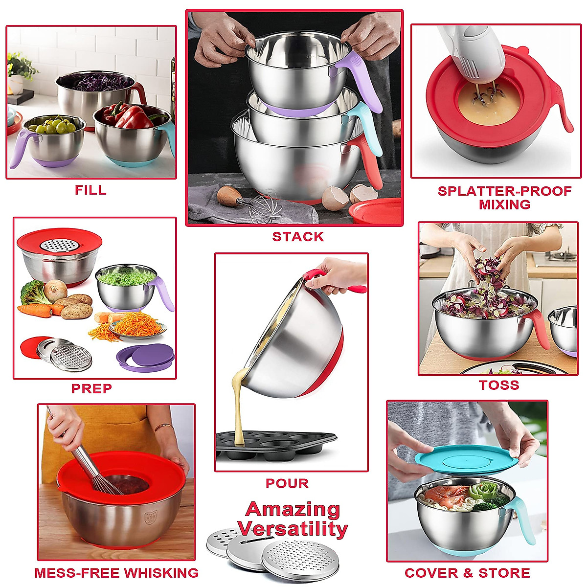 Stainless Steel Mixing Bowls with Lids (Set of 3) - Features Long Handles, Pour Spout, Non Slip Colorful Silicone Bottom, 3 Graters, & Measurement Marks. Ideal for Baking, Serving, Food & Salad Prep.