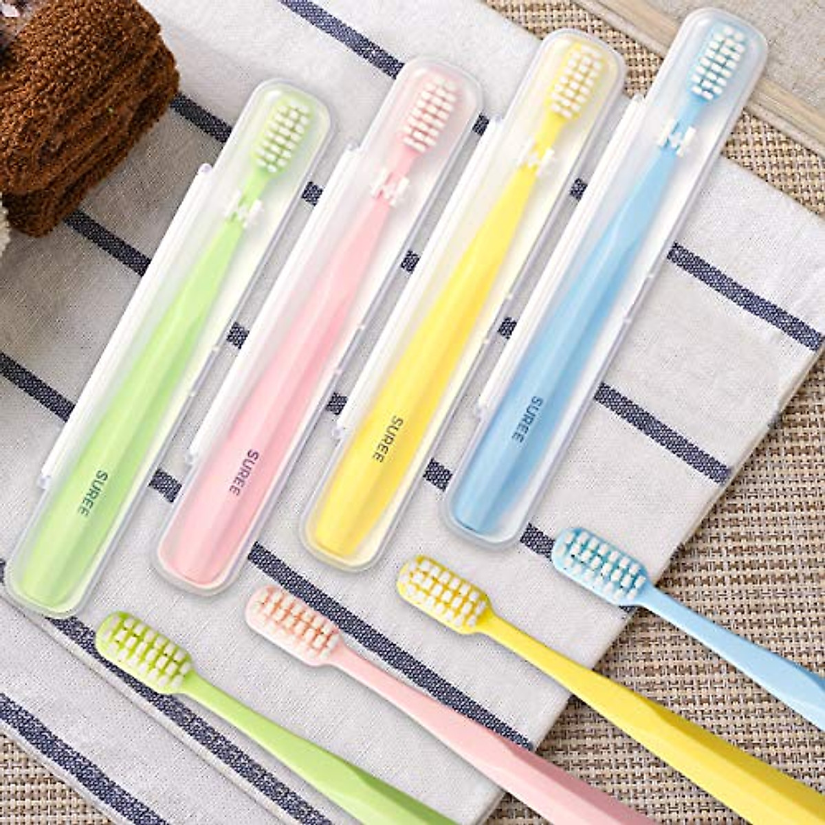 SUREE Extra Soft Toothbrush for Sensitive Teeth, Upgraded 10000 Bristles Nano Toothbrush, Ultra Soft Toothbrushes for Adults & Elders, Portable Manual Toothbrush with Individual Travel Case (4 Count)
