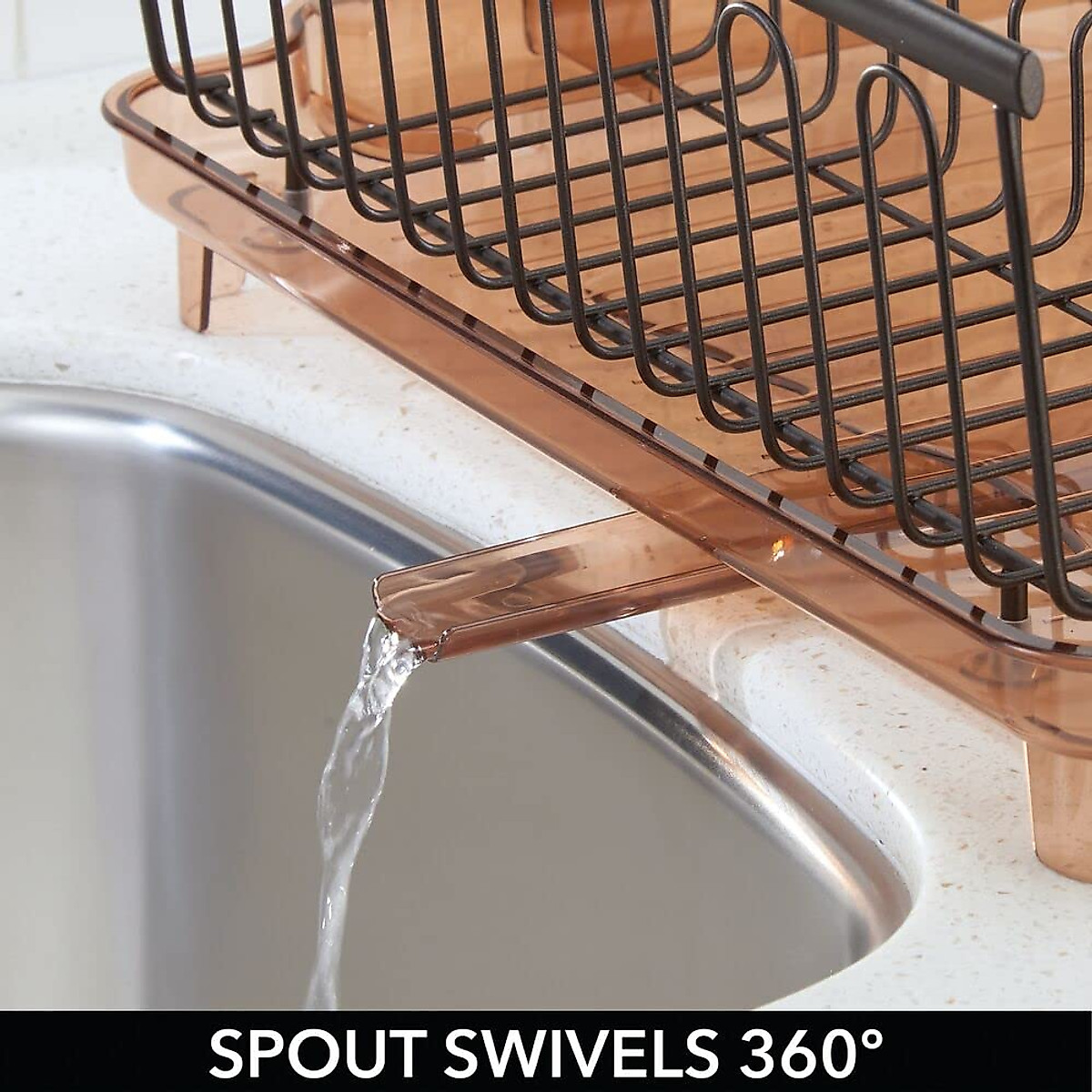 mDesign Large Modern Kitchen Countertop, Sink Dish Drying Rack - Removable Cutlery Tray and Drainboard with Adjustable Swivel Spout - 3 Pieces, Bronze/Brown Cutlery Caddy and Drainboard