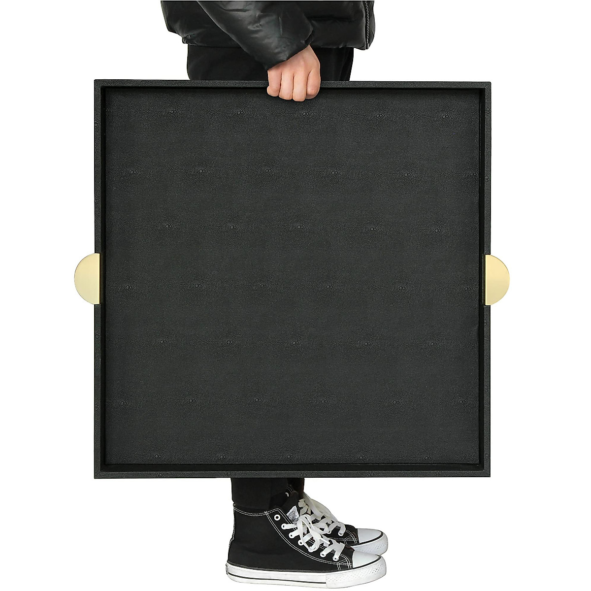 HofferRuffer Extra Large Square Serving Tray, Elegant Faux Leather Ottoman Tray with Gold Hardware Handles, Serve Tea, Coffee or Breakfast in Bed, 23.6 x 23.6 inches, Black Large Square Tray