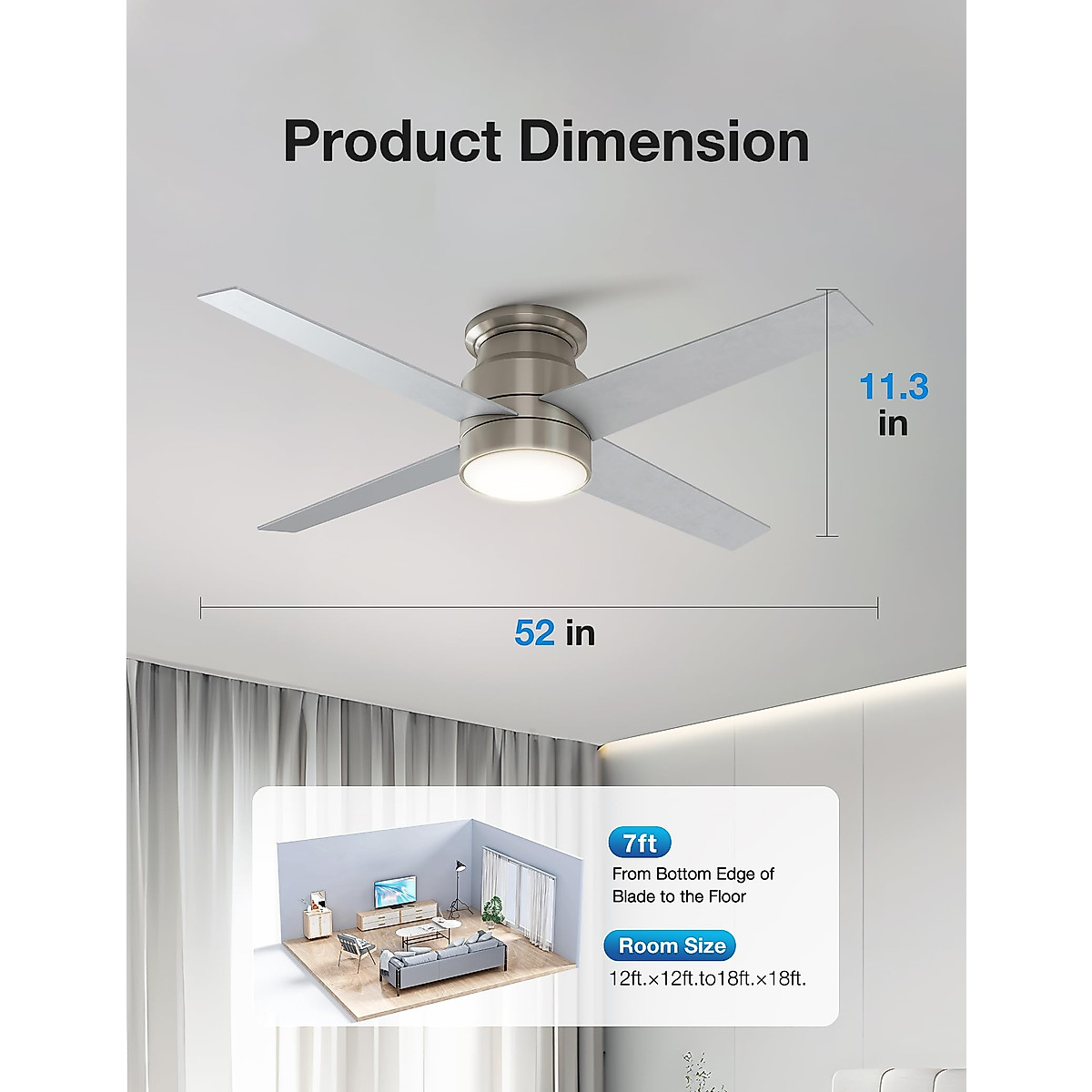 warmiplanet Flush Mount Ceiling Fans with Lights and Remote Control, 52-Inch,3 CCT Dimmable Light, Reversible Noiseless 6 Speeds DC Motor, Timer, Nickel Brushed, 4-Blades
