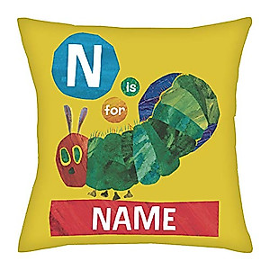 Eric Carle's Very Hungry Caterpillar Personalized Throw Pillow with Alphabet on Yellow Removable Cover, Custom Name and Initial Printed, Official Licensed Product, 14x14
