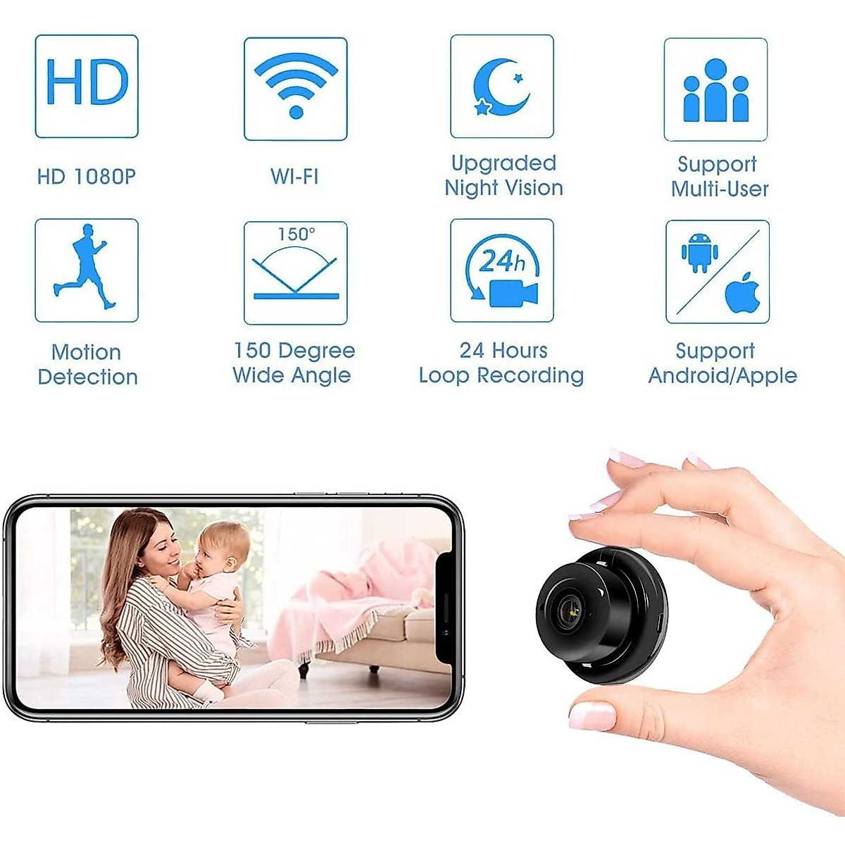 X W EI UNION Camera Hidden Home Security Spy Camera WiFi with Audio and Video Mini Spy Cam WiFi Nanny Cam Baby Monitor, Night Vision Live Feed 2.4G WiFi Remote View Video Playback