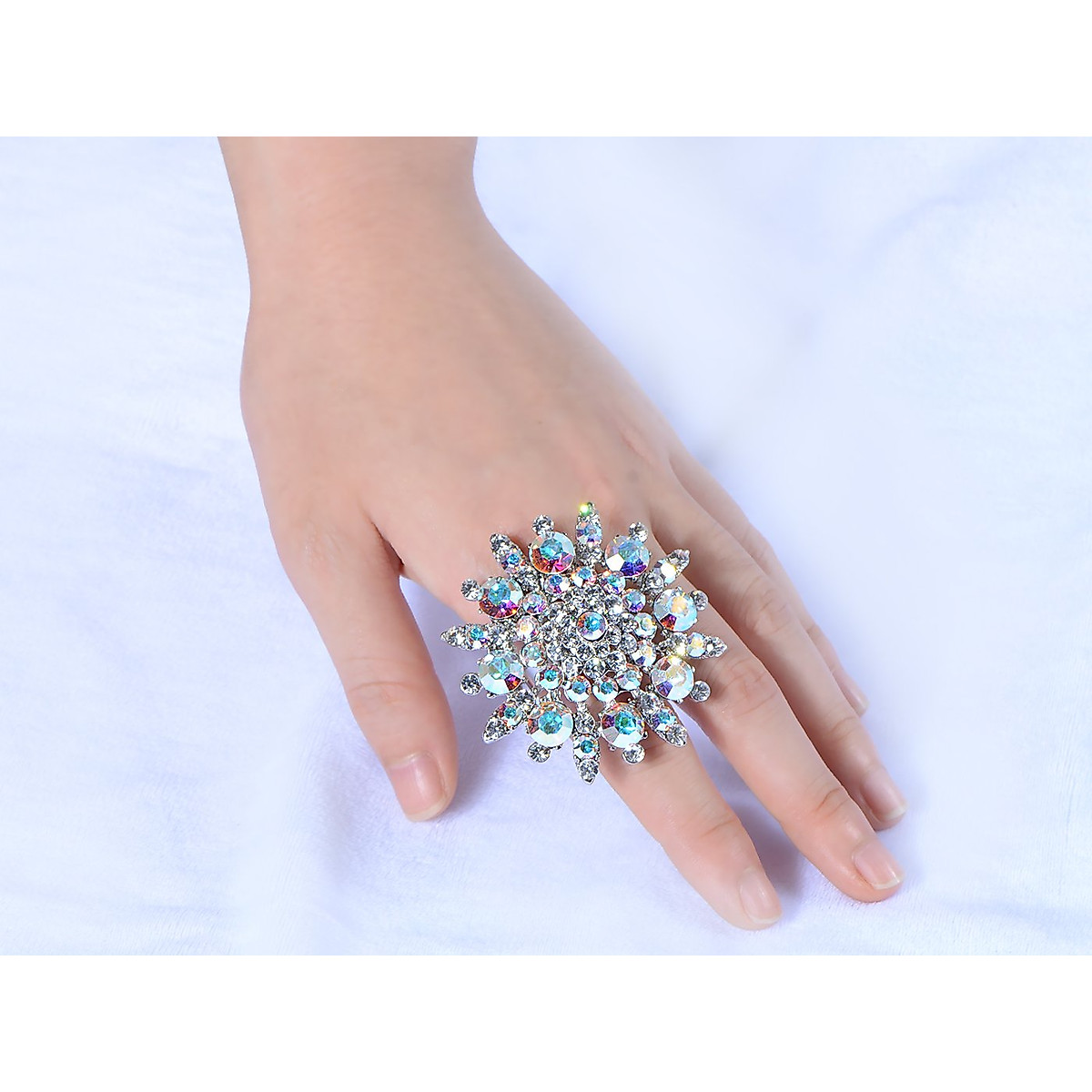 Alilang Adustable Silvery Tone Iridescent Clear Crystal Colored Rhinestones Floral Ring