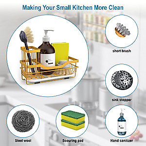 Sponge Holder Kitchen Sink Caddy Organizer, Sponge Holder for Kitchen Sink with Brush Storage, 304 Stainless Steel Black Dish Soap Holder Rack with Removable Drain Tray - Not Included Dispenser, Brush