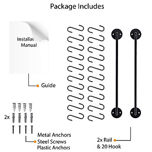 Wallniture Cucina 16" Wall Mount Kitchen Utensil Holder with 10 S Hooks for Hanging Pots and Pans and Lid Organizer, Set of 2, Black