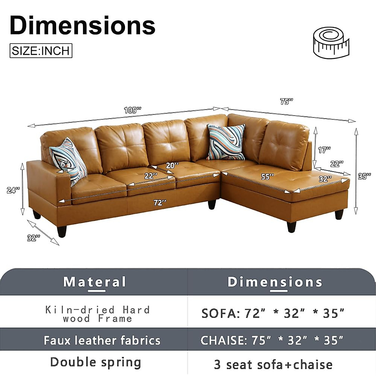 A Ainehome Living Room Sofa Set 2 Pieces Sectional Sofa Set, L-Shape Sofa Faux Leather Couch with Chaise for Living Room/Office/Apartment (B-Ginger, Right Hand Facing)