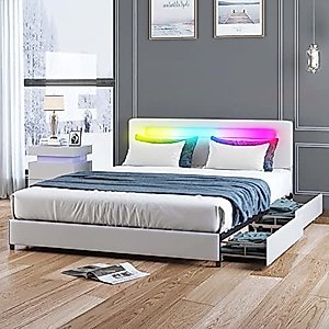 Mjkone LED Bed Frame King Size with Adjustable LED Lights Headboard Upholstered Platform Bed with 4 Storage Drawers, Smart Bed Compatible with Alexa&Google, No Box Spring Needed, Easy Assembly,White