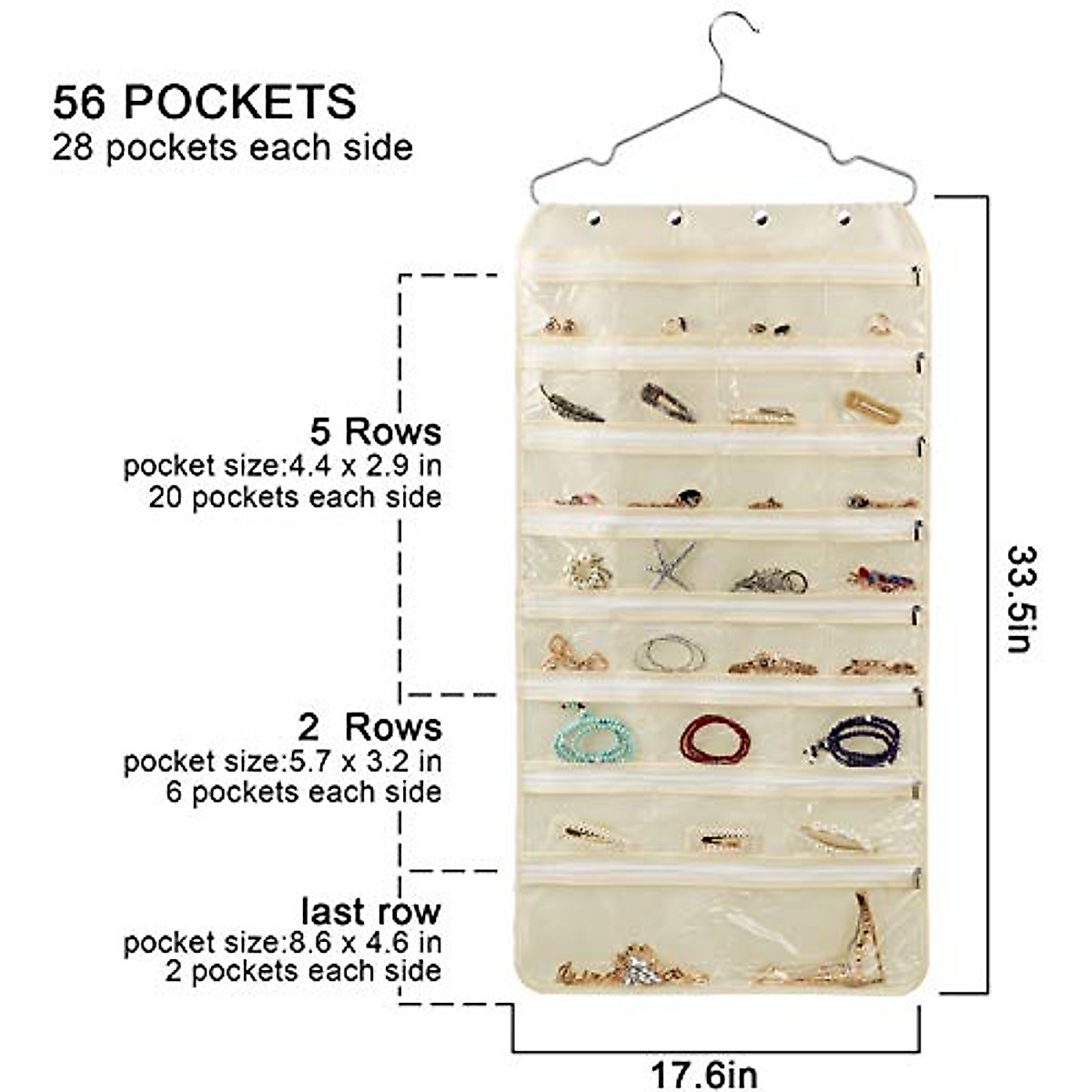 SPIKG 56 Pockets Dual Sided Jewelry Hanging Organizer Oxford Storage Bag with Zipper Hanger (Beige)