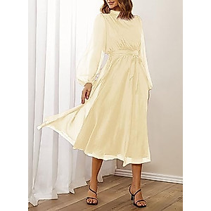 Dokotoo Womens Ladies Elegant Midi Dresses Sheer Long Sleeve Chiffon Elastic Waist A-Line Tie Waist Cocktail Evening Formal Dress for Women Fall Fashion 2023 Apricot Medium