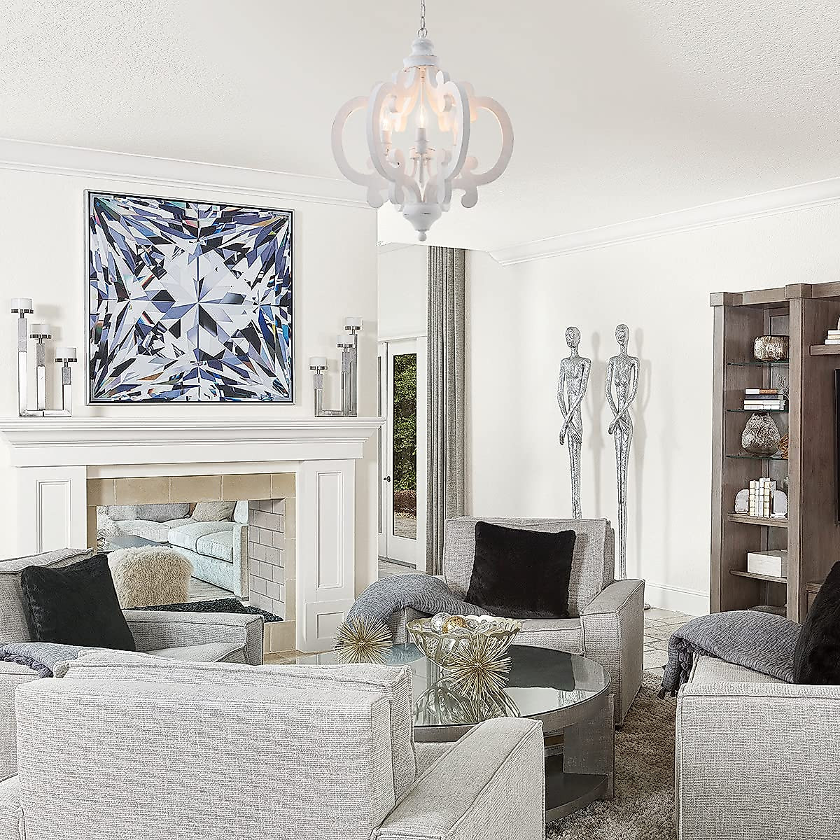 ELYCCUPA Farmhouse Chandelier 6 Candle Lights Distressed White Cottage Wood Chandelier Light Fixture Vintage Rustic Pendant Light for Dining Room Kitchen Bedroom Hallway Living Room, 21 INCH